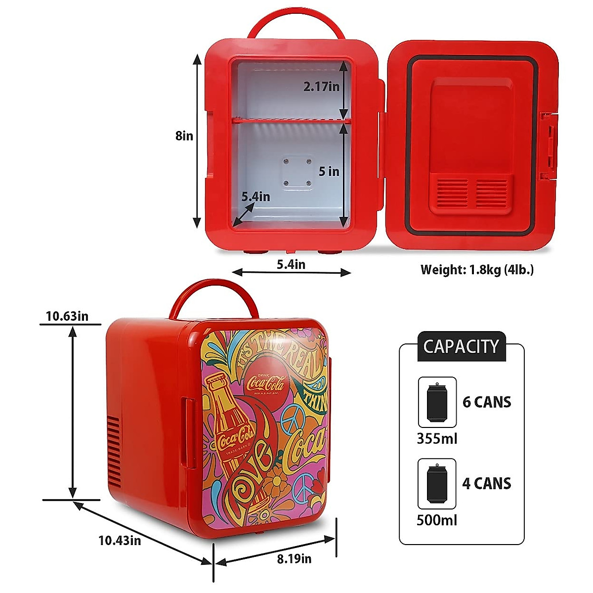 Coca-Cola Peace 1971 Series Portable 6 Can Thermoelectric Mini Fridge Cooler/Warmer, 4 L/4.2 Quarts Capacity, 12V DC/110V AC for home, dorm, car, beverages, skincare, cosmetics, medication