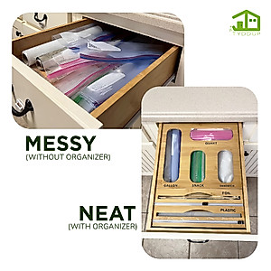 TYDDUP - 6 in 1 Ziplock Bag Organizer with Alum. Foil/Plastic Wrap Dispenser with Cutter & Labels for Kitchen Drawer |Bamboo Kitchen Organization |Compatible Gallons,Quarts,Snack,and Sandwich Bags.