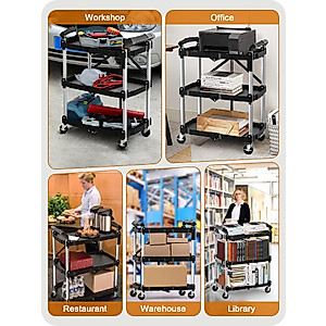 HIMIX Foldable Utility Carts with Wheels, 3-Tier Holds 240lbs Folding Rolling Cart with Fixed Rope, Collapsible Service Cart for Home, Office, Garage, and Warehouse - No Assembly Required