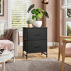 WLIVE 2-Drawer Nightstand and 5-Drawer Dresser Set, Fabric Storage Tower for Bedroom, Hallway, Nursery, Closets, Tall Chest Organizer Unit with Textured Print Fabric Bins, Steel Frame, Charcoal Black
