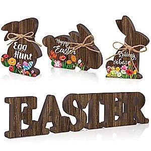 4 Pcs Easter Table Decorations Easter Bunny Signs Wooden Bunny Decor Easter Word Sign Rustic Farmhouse Rabbit Tiered Tray Decor Spring Sign for Home Party Decoration (Flower Bunny Style)