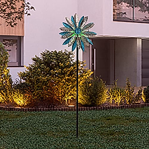 Glintoper Solar Wind Spinner, Outdoor Metal Stake Yard Spinners, Hollow Leaf Garden Kinetic Wind Catcher Wind Mills, Solar Powered Color Changing LED with Glass Ball, for Patio Lawn Yard