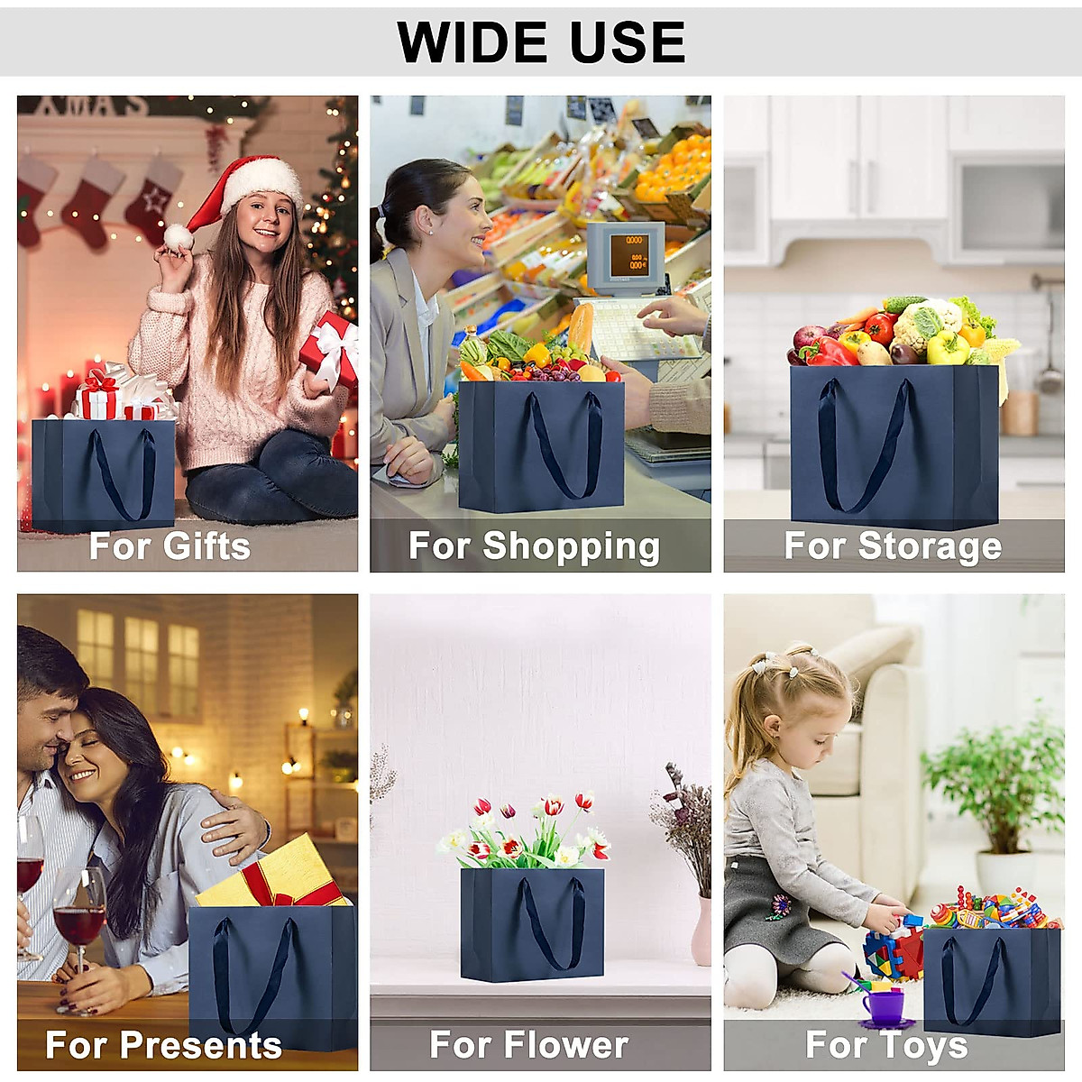 Umoonfine Navy Blue Gift Bags Bulk, 12 Pack Navy Blue Paper Gift Bags with Handles Navy Gift Bags Kraft Gift Bags 8.7x3.9x7.1 Inches Gift Wrap Bags for Wedding, Party,Shopping, Merchandise Business