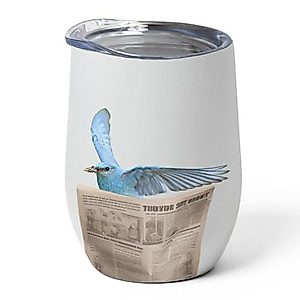 Mountain Bluebird Reading Newspaper Tumbler 12oz Stainless Steel Vacuum Insulated Wine Cup With Lid - Gifts for Bluebird Lovers