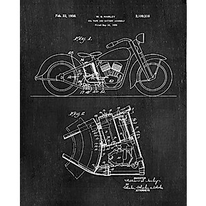Motorcycle Patent Art Prints - Set of SIX 8"x10" - Wall Decor - Great Gift for Motorcycle Lovers - Chalkboard