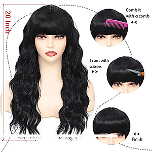 X-TRESS 22 Inches Synthetic Black Wavy Wigs with Bangs Synthetic Natural Curly Bang Black Wigs for Women Synthetic Hair Heat Resistant Fiber Hair Wigs for Daily Party Black Wig（1B）