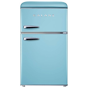 Galanz GLR31TBEER Retro Compact Refrigerator, 3.1 Cu FT, Blue & GLCMKZ07BER07 Retro Countertop Microwave Oven with Auto Cook & Reheat, Defrost, Quick Start Functions, 7 cu ft, Blue