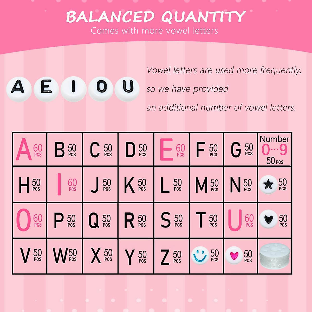 Amaney 1400 Pieces 4x7mm White Round Acrylic Alphabet Letter Beads A-Z Heart Pattern Beads and Crystal Line for Jewelry Making Bracelets Necklaces Key Chains