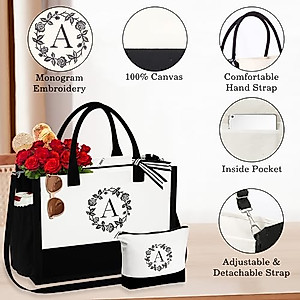 YOOLIFE Personalized Initial Canvas Tote Bag Gifts for Women, Gifts for Women Mom Birthday Beach Bag with Makeup Bag Pockets Friends Teacher Grandma Wedding Birthday Gifts Bridesmaid Bags D