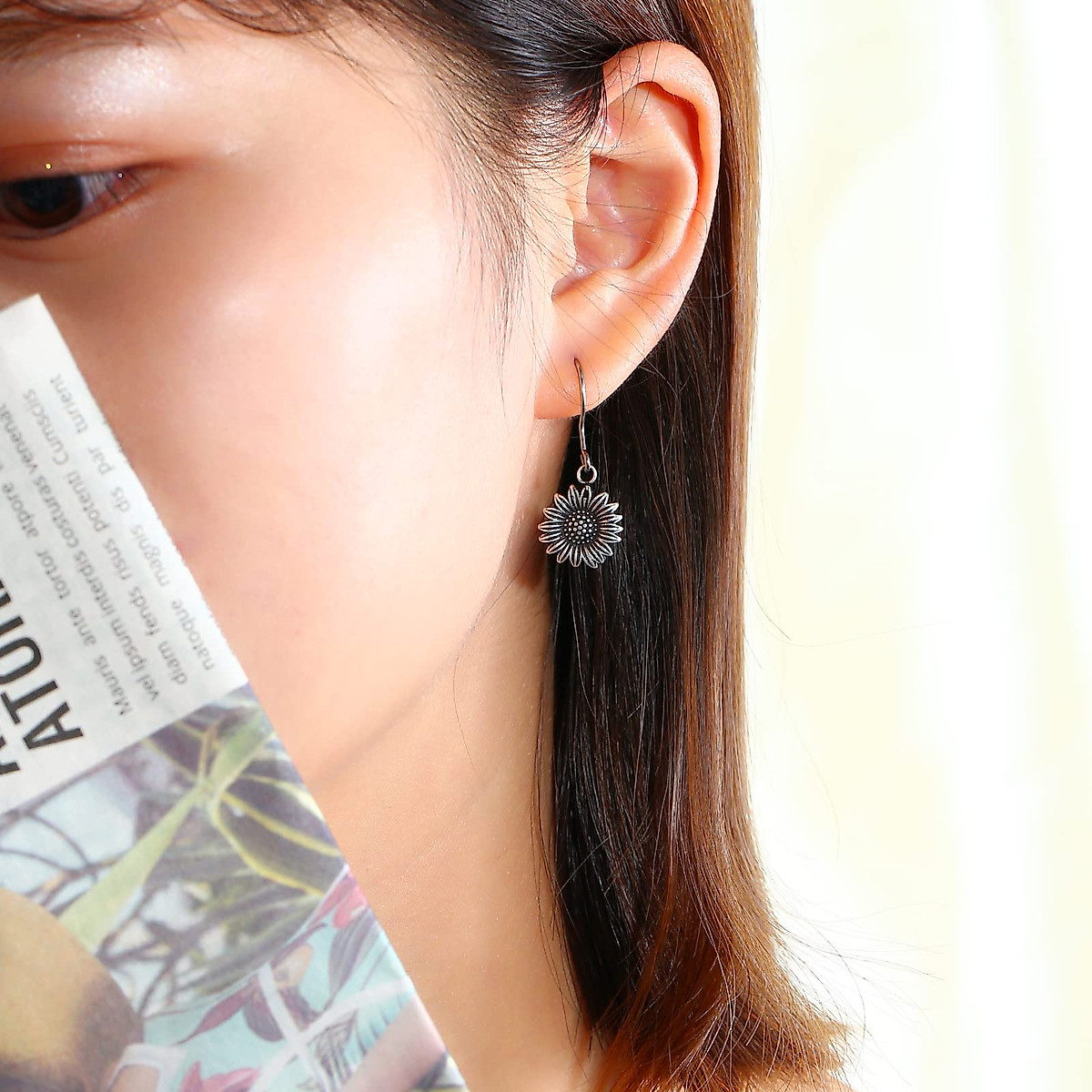 Titanium Vintage Sunflower Drop Earrings For Women, Stainless Steel Flower Dangle Earrings Charms, Pure Titanium Hook Hypoallergenic For Sensitive Ear