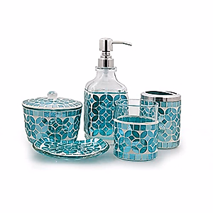 LushAccents Bathroom Accessories Set, 5-Piece Decorative Glass Bathroom Accessories Set, Soap Dispenser, Vanity Tray, Jar, Toothbrush Holder, Tumbler, Elegant Turquoise Mosaic Glass