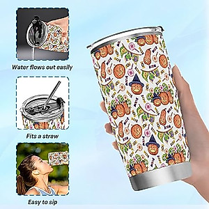 Jihqo Halloween Pumpkin & Lollipop Tumbler with Lid and Straw, Insulated Stainless Steel Tumbler Cup, Double Walled Travel Coffee Mug Thermal Vacuum Cups for Hot & Cold Drinks 12oz