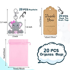 20 Pack Baby Shower Return Gifts for Guests, Pink Baby Elephant Keychains + Thank You Kraft Tags + Natural Jute Twine for Elephant Theme Party Favors, Girl Baby Shower Favors, Birthday Party Supplies
