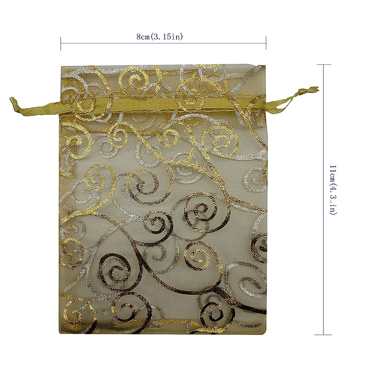 Ankirol 100pcs Sheer Organza Favor Bags For Wedding Baby Shower Rattan Print Gift Bags Samples Display Drawstring Pouches (3x4 inch, gold)