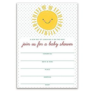DB Party Studio Baby Shower Invitations Happy Sunshine Gender Neutral Sunny Smile Blank Invites with Envelopes ( Pack of 25 ) Large 5x7” Fill In Boy Girl Infant Mom-To-Be Smiling Sun Newborn VI0077B