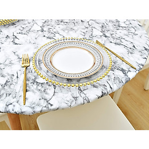 Rally Home Goods Indoor Outdoor Patio Round Fitted Vinyl Tablecloth, Flannel Backing, Elastic Edge, Waterproof Wipeable Plastic Cover, White Marble Pattern for 10-Seat Table of 57-72’’ Diameter