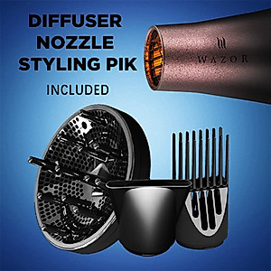 Wazor Professional Ionic Hair Dryer with Diffuser, Infrared Salon Grade Blow Dryer with Comb Attachment, 1875W Powerful Quiet Hair Blow Dryer, Tourmaline Ceramic Hairdryer with Nozzle, Black