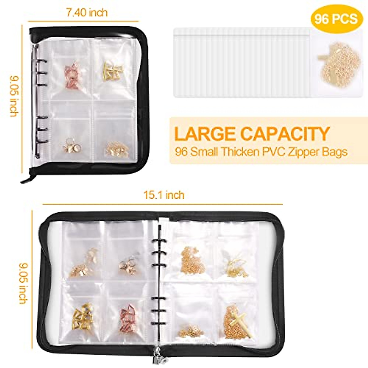 DIRZA Jewelry Travel Organizer Earring Case Transparent Jewelry Storage Book Clear Booklet Zipper Pouch Bag for Necklaces, Earrings, Rings, Bracelets 96 pocks