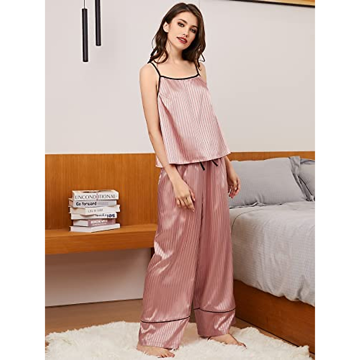 WDIRARA Women's Plus Size 3 Pieces Silk Sleepwear Satin Striped Cami Top with Shorts and Pants Pajama Set Dusty Pink 5XL