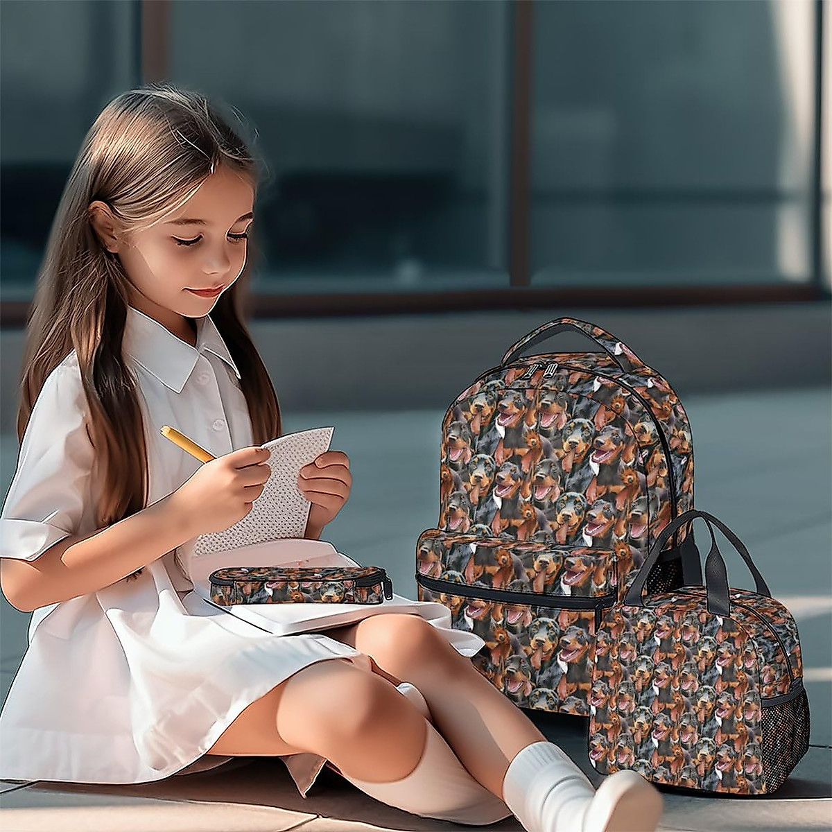 AIOMXZZ Doberman Backpack with Lunch Box and Pencil Case, 16 Inch Cute Dog Theme Bookbag Durable, Lightweight, Large Capacity, Funny Animal Backpack for School Girls Kids Women