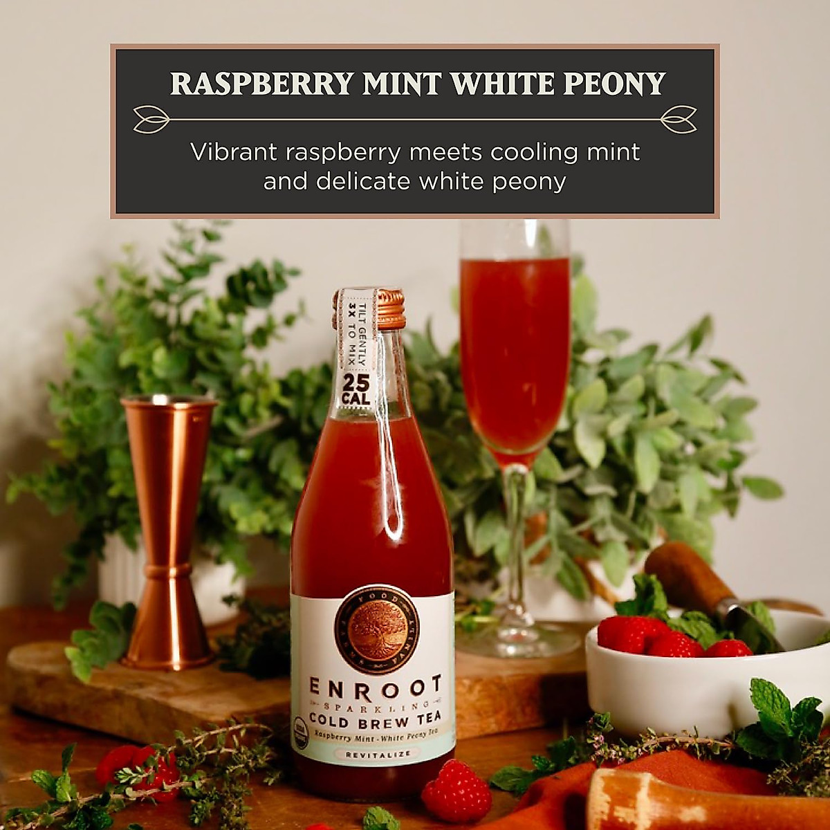 Enroot - Sparkling Cold Brew Tea - 25 Calories - 0 Added Sugar - Organic - Nootropic - Vegan & Gluten-Free - Adaptogen - Kosher - Non-Alcoholic Beverage - Raspberry Mint White Peony - 12 oz/6 Pk