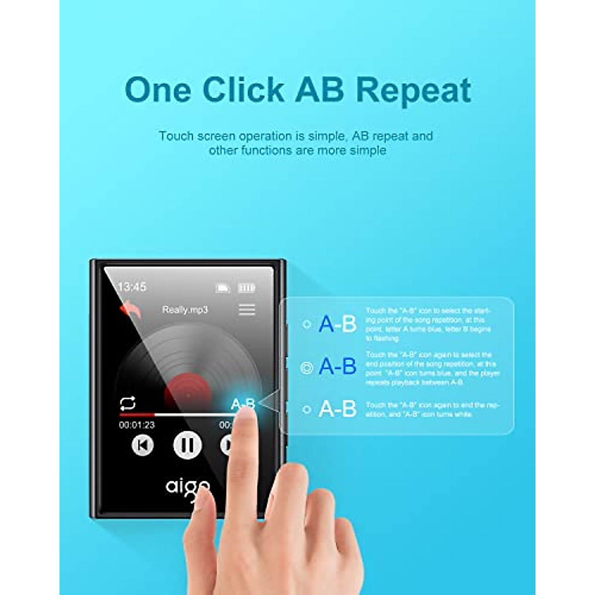 【2023 New Edition】 aigo 32GB Bluetooth 5.0 MP3 Player, Portable Touch Screen HiFi Lossless Sound Music Player with Bulit-in Speaker, FM Radio, Voice Recorder, E-Book, Support Up to 128G