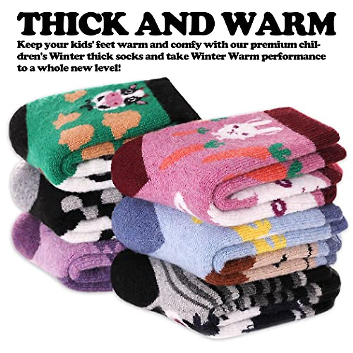 FNOVCO Kids Merino Wool Hiking Socks Toddlers Boys Girls Cozy Thermal Winter Thick Warm Crew Socks 6 Pairs (4-7 Years, Animal 02)