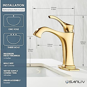 Sanliv Brushed Gold Single Handle Bathroom Faucet, Deck Mount, 1 or 3 Hole Centerset, Solid Brass Body, Ceramic Disc Cartridge, Easy Installation, 6-Inch Deck Plate