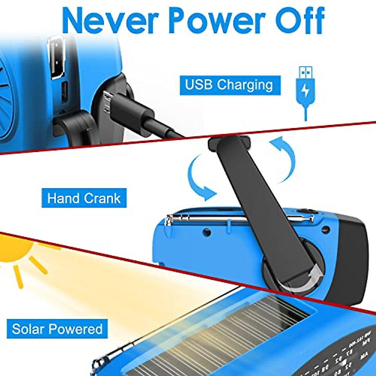 DaringSnail Emergency Hand Crank Radio with LED Flashlight for Emergency, AM/FM Portable Weather Radio with 2000mAh Power Bank Phone Charger, USB Charged & Solar Power for Camping, Emergency(Blue)
