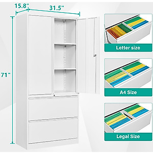 SISESOL Metal Storage Cabinet with Drawers, 71" File Cabinets for Home Office, Locking Steel Storage Cabinet with Doors and Shelves for Home, Office, Warehouse, Garage, School (White, 2 Drawers)