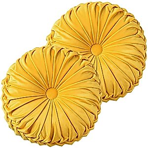 HIG Set of 2 Decorative Round Pleated Throw Pillows, Classy Accent Pumpkin Throw Pillows with Center Button, Vintage Velvet Floor Pillow for Sofa Couch Vanity Chair Bed, Yellow, 14.5" Diameter(RIPPLE)