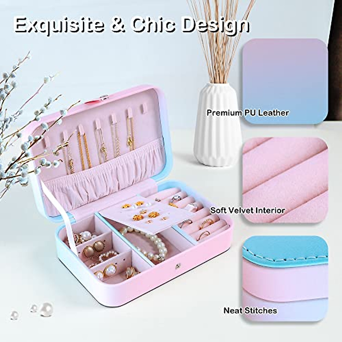 Kendal Travel Jewelry Box, Small Portable Jewelry Organizer Mini Jewelry Case for Women, Earing Organizer, Leather Portable Jewelry Storage Boxes for Rings Earrings Necklaces Bracelets (Gradient)