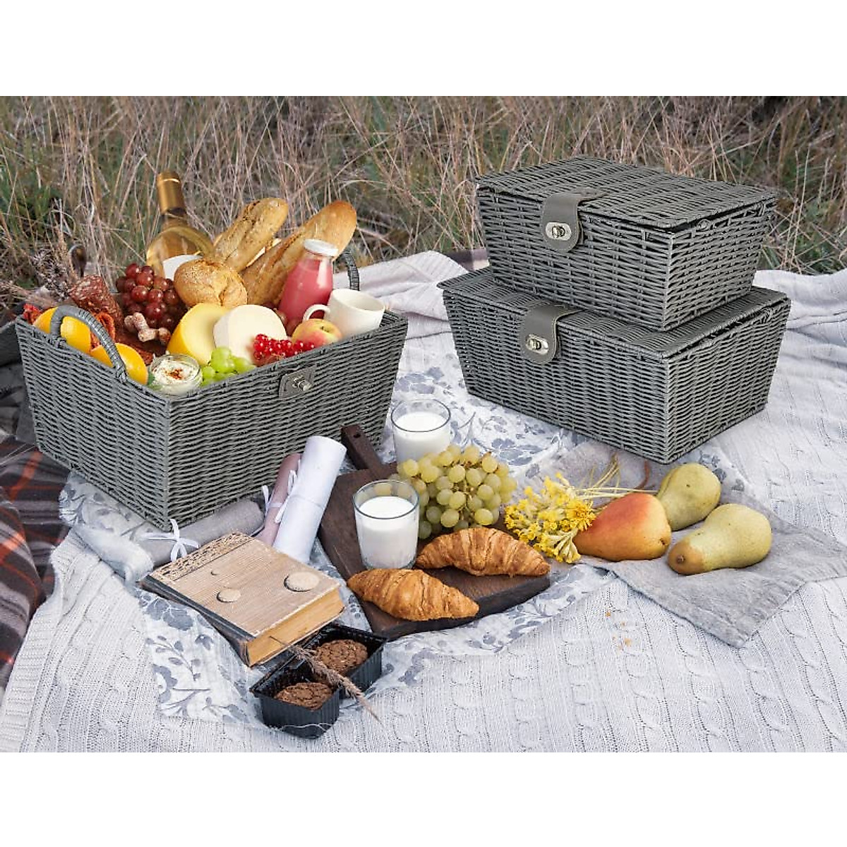 Woven Storage Basket Bin Wicker Hamper Stackable Box with Lid, Wicker Shelf Baskets Bin for Laundry Room Organizer, Set of 3 Wicker Storage Basket with Handle for Picnic, BBQ,Nursery, Baby Toiletry, Diaper, Toys