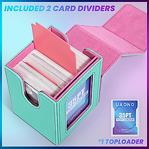 UAONO Card Deck Box with MTG Commander Display, Deck Case Holds 100+ Double-Sleeved Cards, Trading Card Storage Box Fits TCG/PTCG/Sports Card with 2 Dividers, 1 Toploader (Turquoise, Pink)