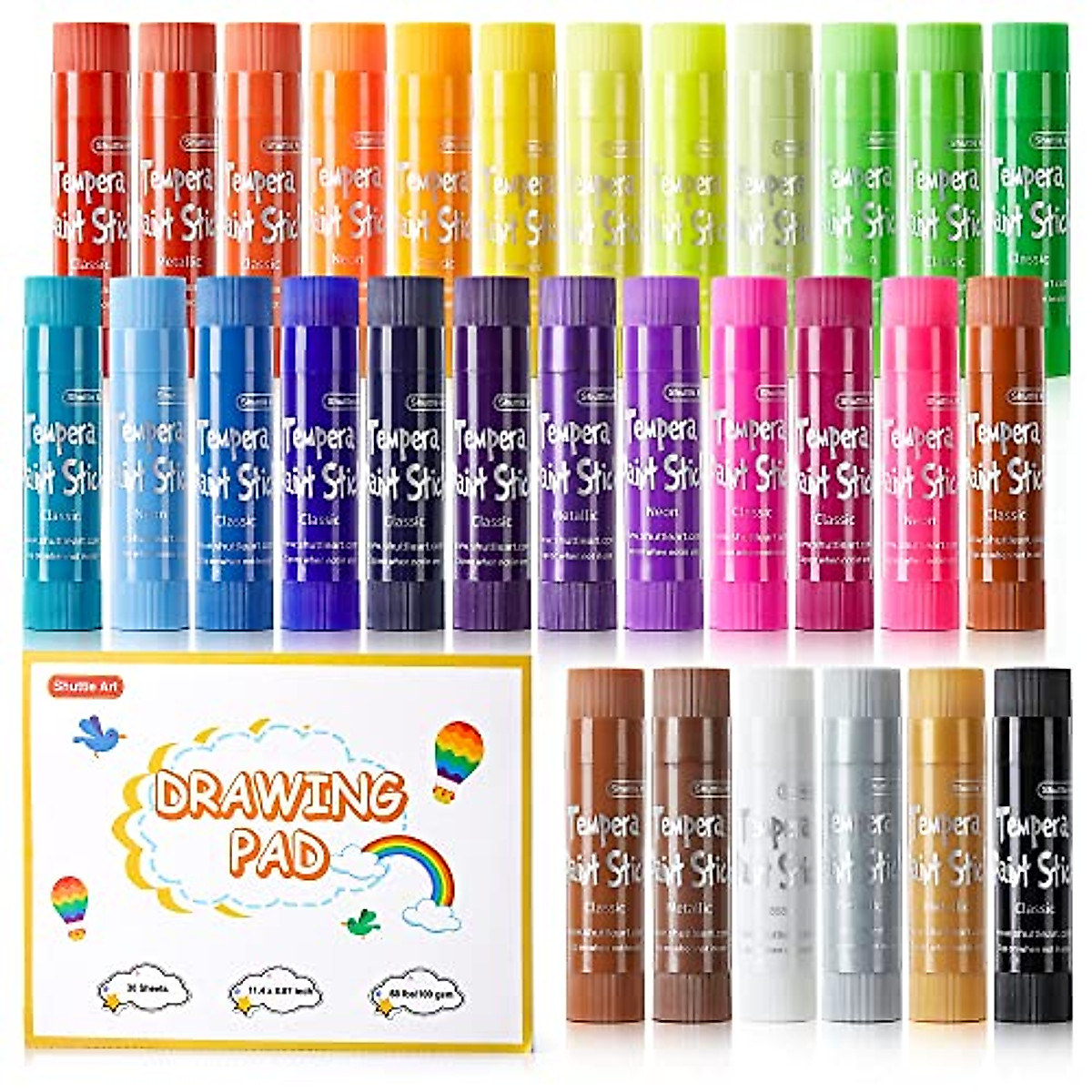 Shuttle Art Tempera Paint Sticks, 31 Pack Solid Tempera Paint Set, 30 Colors with 1 Drawing Pad for Kids, Washable, Super Quick Drying, Works Great on Paper Wood Glass Ceramic Canvas