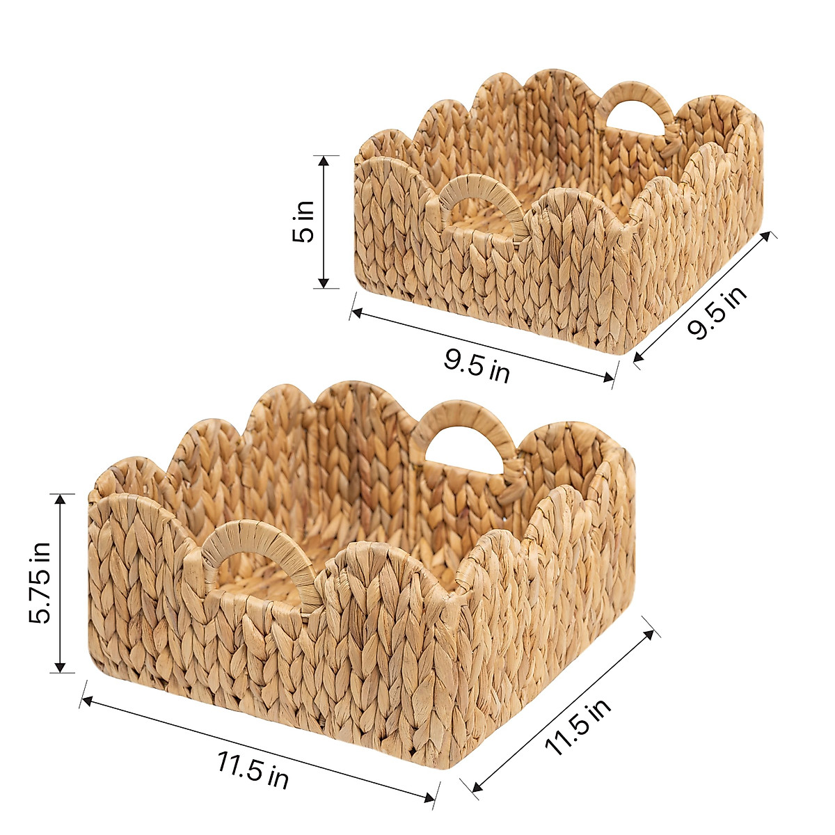 Set of 2 Scalloped Basket | Hand Woven Scallop Basket | Scalloped Wicker Basket with Handles | Scalloped Edge Basket Shelf Decorative | Natural Water Hyacinth scalloped baskets for Organizing