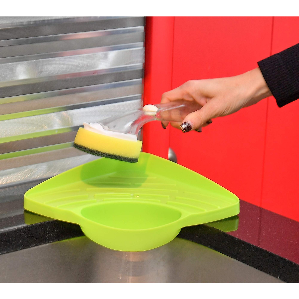 HOME-X Sponge Holder Kitchen Decor, Triangle Sink Corner Shelf - Storage Rack Suction Cup Holder Organizer for Dish Cloth Sponge Soap Cleaning Brush (Green)