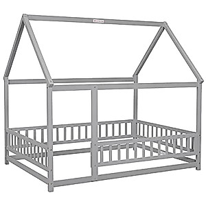 DEYOBED Full House Roof Floor Bed Frame - Wooden Bed with Fence Guardrails, Low Wooden Playhouse Bed for Girls and Boys, Gray Finish