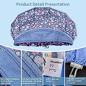 niaahinn 4PCS Adjustable Bouffant Scrub Hats with Button & Sweatband Cotton Working Cap Cartoon Printing Nurse Hats (32001-32077-32096-32109)