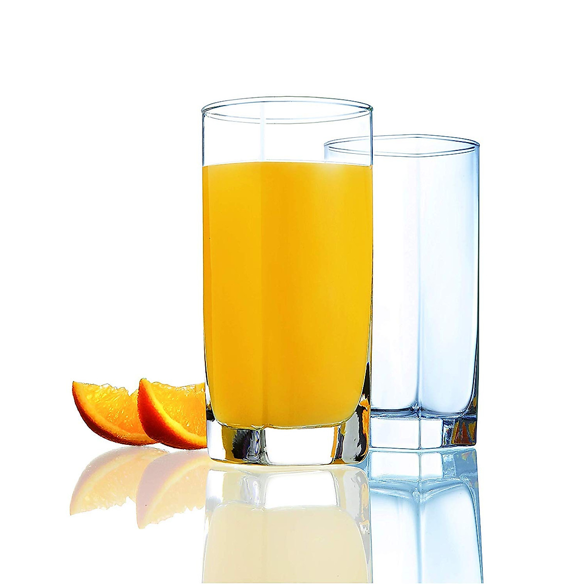 Le'raze Drinking Glasses Set of 4 - Highball Glasses, Heavy Base Durable Glass Cups for Water, Wine, Beer, Cocktails, and Mixed Drinks | Round Top, Square Bottom Glassware Set