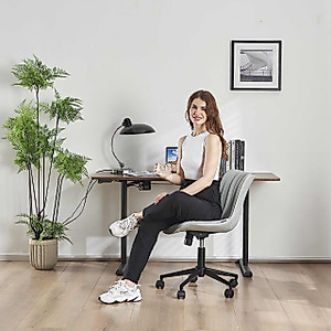 YOUNIKE Grey Ergonomic Home Office Desk Chair with Wheels Comfy Armless Criss Cross Chair with Adjustable Back Modern Leather Upholstered Swivel Vanity Chair Small Cute Rolling Task Chair for Women