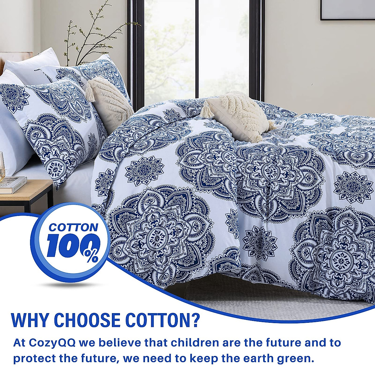 CozyQQ Cotton Duvet Cover King - 100% Cotton 400TC Winter Soft Royal Blue Floral Damask Paisley King Duvet Cover Set, 3 PCS King Duvet Cover with Zipper Closure (104x90, No Comforter)