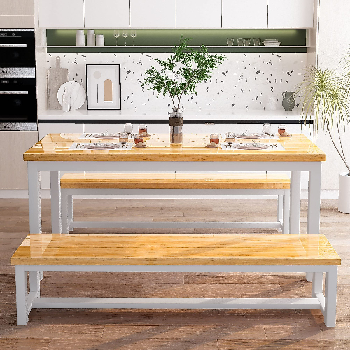 AWQM 43.3" Dining Table Set for 4, Kitchen Dining Table with 2 Benches, Dining Room Table Set with Metal Frame & Thickened Board for Kitchen, Restaurant, Oak