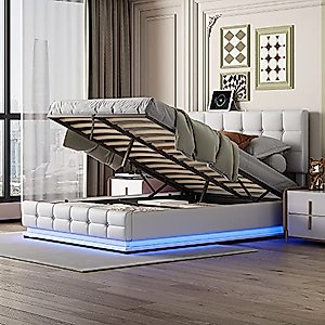 Full Size Lift Up Storage Bed/with Storage and LED Light Button Tufted Wingback adjustable headboard and USB Charger, Hydraulic Storage System for Kids Teens and Adults, No Box Spring Needed (White)