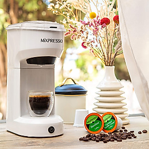 Mixpresso 2 in 1 Coffee Brewer Pods Compatible & Ground Coffee, Personal Coffee Brewer Machine, Compact Size Mini Coffee Maker, Quick Brew Technology 14 oz White Coffee Maker