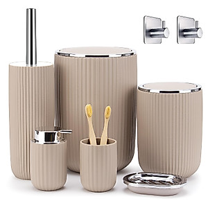 Boperzi Bathroom Accessory Set 8 PC: Bathroom Accessories Set with Trash Can, Lotion Dispenser, Soap Dish, Toothbrush Cup,Toilet Brush, Adhesive Hooks - Bathroom Decor Kit, Beige Bathroom Set Complete