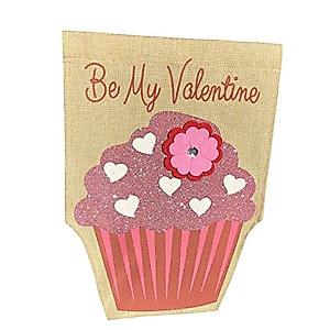 Happy Valentine's Day Garden Flag - Be My Valentine Burlap Flag – One Sided Yard Décor Decoration - Glitter Cupcake & Flower Applique Design - 12" x 17" size - by Jolly Jon