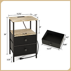 Acovy Small Nightstand with Charging Station 2 USB Ports & 2 Outlets, Solid Wood and Drawers, Night Stand End Table for Bedroom, Bedside Table, Side Table, Set of 2