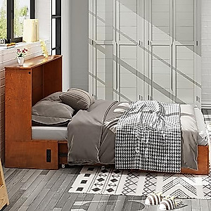 MUZZ Queen Size Murphy Cabinet Bed with Memory Foam Mattress, Charging Station and Large Drawer (Queen, Cherry)