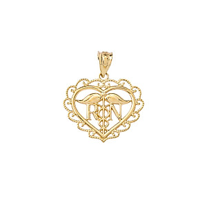 Certified 10k Yellow Gold Heart Shaped Caduceus RN Charm Registered Nurse Pendant